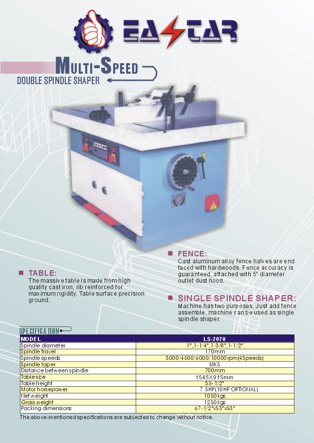 WOOD WORKING MACHINERY>ROUTERS / SHAPER> 4-Double Spindle Shaper>LS-2070S